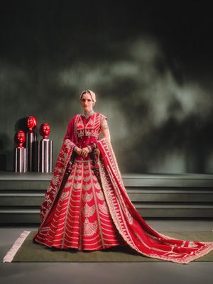 Buy Masaba Red Anar Dana Lehenga with Kurta, Koti and Dupatta (Set of 4 ...