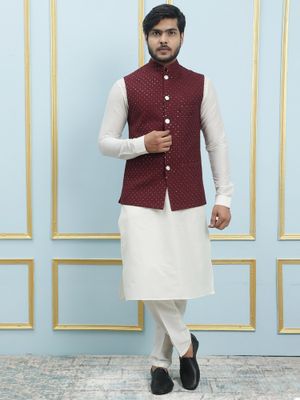 Buy See Designs Men Off White Kurta Pajama & Maroon Sequence Woven ...