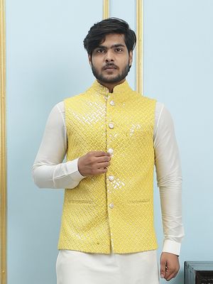 Buy See Designs Men Off White Kurta Pajama & Yellow Sequence Woven ...