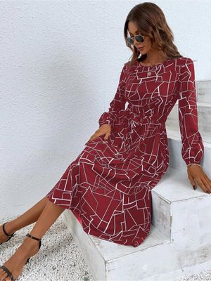 Buy KOTTY Women Fit & Flared Printed Maroon Midi Dress Online