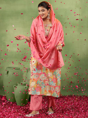 Buy Libas Pink Silk blend Printed Kurta Sets for Women Online