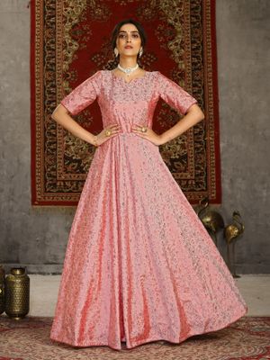 Buy Odette Designer Pink Taffeta Semi Stitched Gown Online