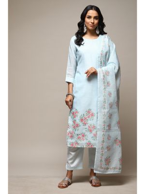 Buy Biba Blue Linen Unstitched Suit (Set of 3) Online