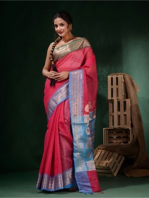 Buy CHARUKRITI Pink Resham Kota Handwoven Dual Borders Saree with ...