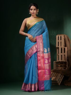 Buy CHARUKRITI Sky Blue Resham Kota Handwoven Dual Borders Saree with ...