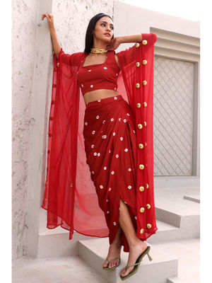 Buy Aapro Label Rust Red Fiona Draped Skirt Co-Ord (Set of 3) Online