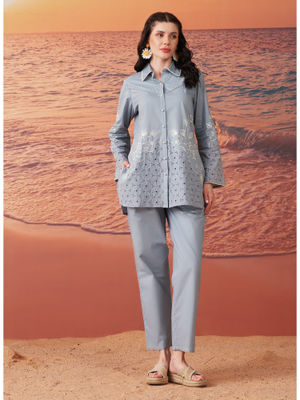 Buy Lakshita Light Blue Mist Embroidered Cotton Poplin Co-Ord (Set of 2 ...