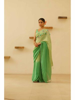 Buy KAVANA Dharini Linen Floral Embroidered Saree with Unstitched ...