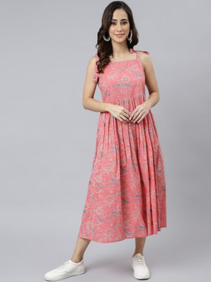 Buy Janasya Pink Cotton Floral Print Flared Dress Online