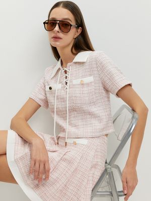 Buy Pomelo Lace-Up Tweed Top - Light Pink (XL) Online