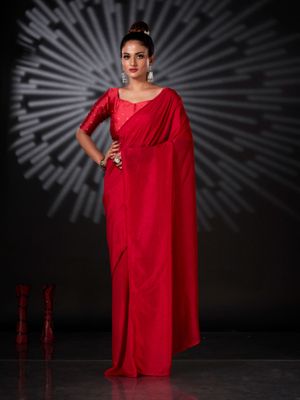 Buy Tikhi Imli Ready To Wear Red Solid Polyester Saree with Unstitched ...