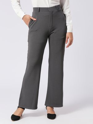 Buy FITHUB Women Polyester Solid Grey High Waist Formal Trouser (30) Online