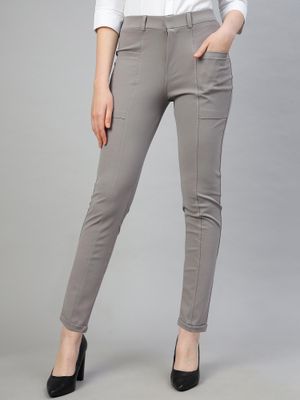 Buy FITHUB Women Polyester Solid Light Grey High Waist Formal Trouser ...