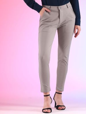 Buy FITHUB Women Polyester Solid Light Grey High Waist Formal Trouser ...