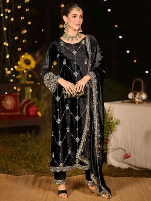 Buy Stylee LIFESTYLE Black Velvet Embroidered Dress Material Online