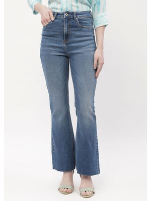 Buy Madame Distressed Hem Mid Blue Flared Jeans Online