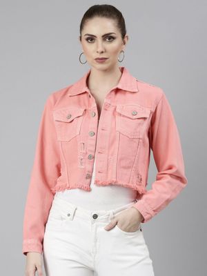 Buy SHOWOFF Womens Spread Collar Coral Distressed Solid Crop Denim ...
