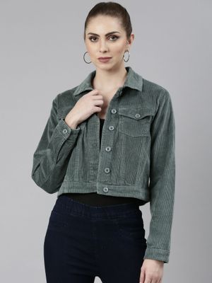 Buy SHOWOFFFF Womens Spread Collar Sea Green Solid Tailored Jacket Online