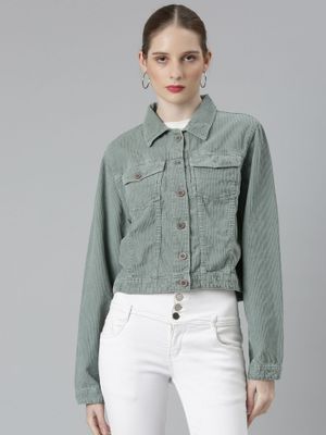 Buy SHOWOFF Womens Spread Collar Sea Green Solid Tailored Jacket Online