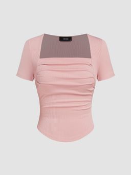 Buy Cider Pink Square Neck Ruched Short Sleeve Top (M) Online
