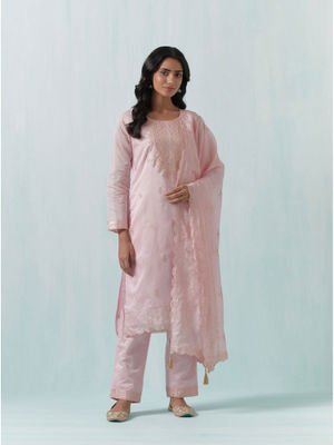 Buy Basanti Kapde aur Koffee Pink Chinon Kurta and Pant (Set of 3) Online