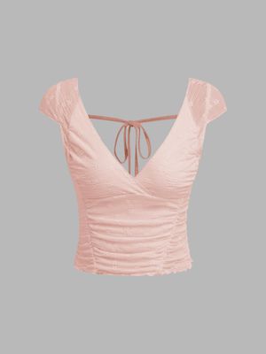 Buy Cider Pink Lace V-Neck Backless Short Sleeve Crop Top (M) Online
