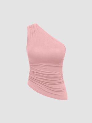 Buy Cider Pink Jersey Asymmetrical Neck Solid Top (XS) Online