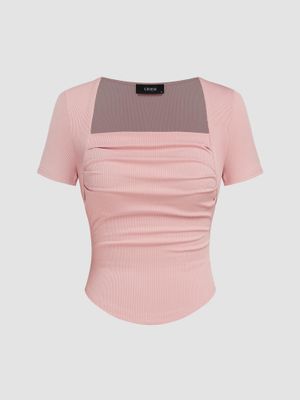 Buy Cider Pink Square Neck Ruched Short Sleeve Top (M) Online