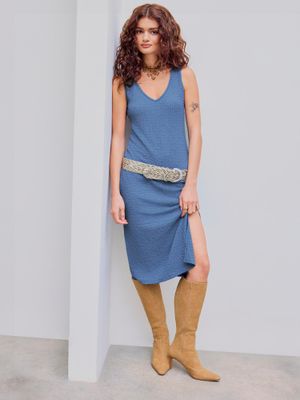 Buy Cider Blue Texture V Neckline Split Maxi Dress (XL) Online