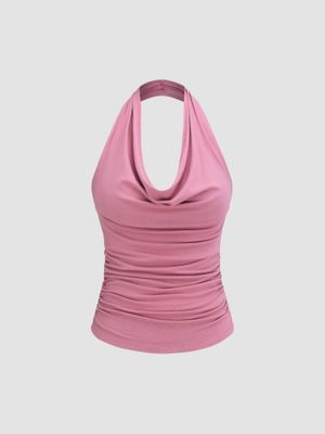Buy Cider Pink Solid Ruched Halter Top (XS) Online