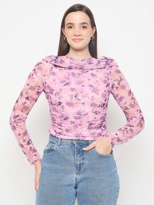 Buy Madame Floral Print Off Shoulder Pink Mesh Top (S) Online