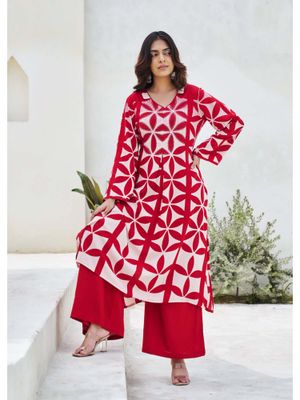 Buy Autumnlane Red Kabool Cadmium Printed Kurta with Palazzo (S) Online