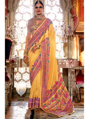 Buy Mysilklove Saffron Mango Yellow Printed Banarasi Saree and ...