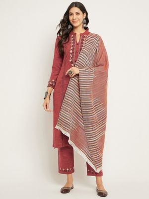 Buy Zigo Women's Embroidered Acrylic Kurta with Pant & Dupatta Rust ...