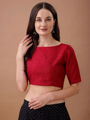 Buy Tikhi Imli Red Solid Art Silk Half Sleeves Blouse (S) Online