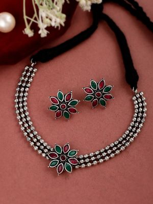Buy Shoshaa Silver-Plated Black Red and Green Stone Jewellery (Set of 2 ...
