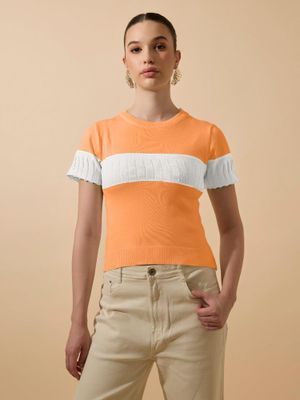Buy SHOWOFF Women Ribbed Colorblock Orange Knitted Top (L) Online