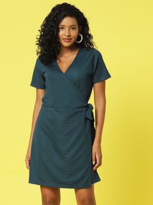 Buy RIGO Women Teal Poly Corduroy Wrap Dress Online