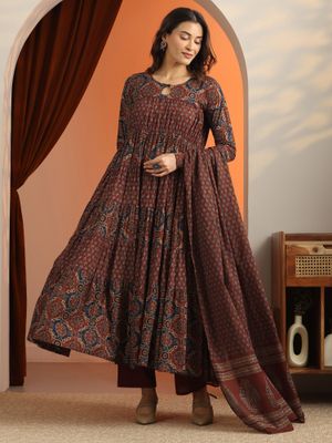 Buy Libas Rust Printed Anarkali Kurta with Pant and Dupatta (S) Online