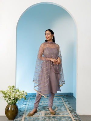 Buy EMPRESS PITARA Siya Grey Kurta & Churidar with Dupatta (Set of 3 ...