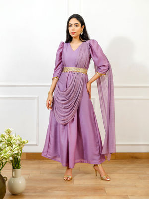 Buy EMPRESS PITARA Sofia Lavender Drape Dress with Attached Dupatta & Belt (Set of 2) Online