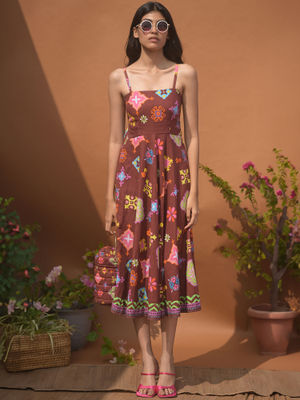 Buy GUAPA Cleopatra Linen Brown Printed Midi Dress Online