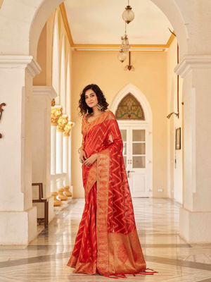 Buy Tikhi Imli Ready To Wear Red Colour Art Silk Jacquard Saree with ...