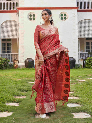 Buy Tikhi Imli Ready To Wear Maroon Colour Art Silk Jacquard Saree with ...