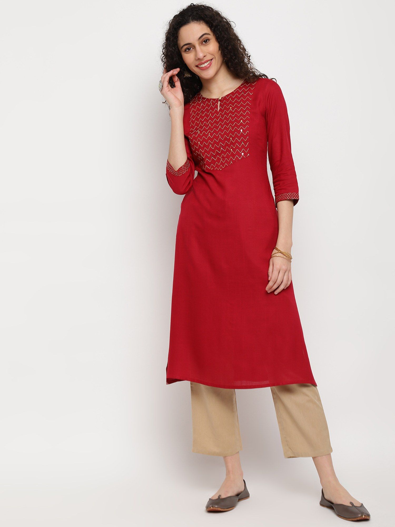 Buy Imara Red Embroidered Womens A Line Kurta Online
