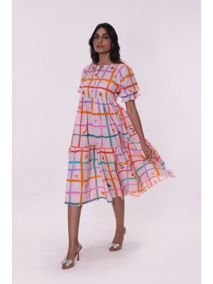 Buy Poppi Pink Printed Half Sleeves Midi Dress (XS) Online