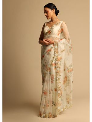 Buy KALKI FASHION Pearl White Saree In Organza Floral Print All Over with Unstitched Blouse Online