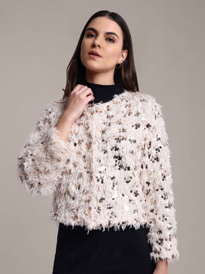 Buy IKI CHIC Off White Fur Sequins Jacket (S) Online