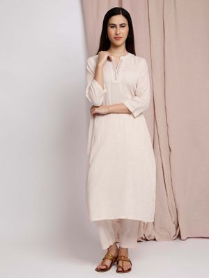 Buy Dharya Beige Embroidered Cotton Kurta with Pants (XS) Online