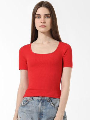 Buy ONLY Red Ribbed Cropped T-Shirt Online